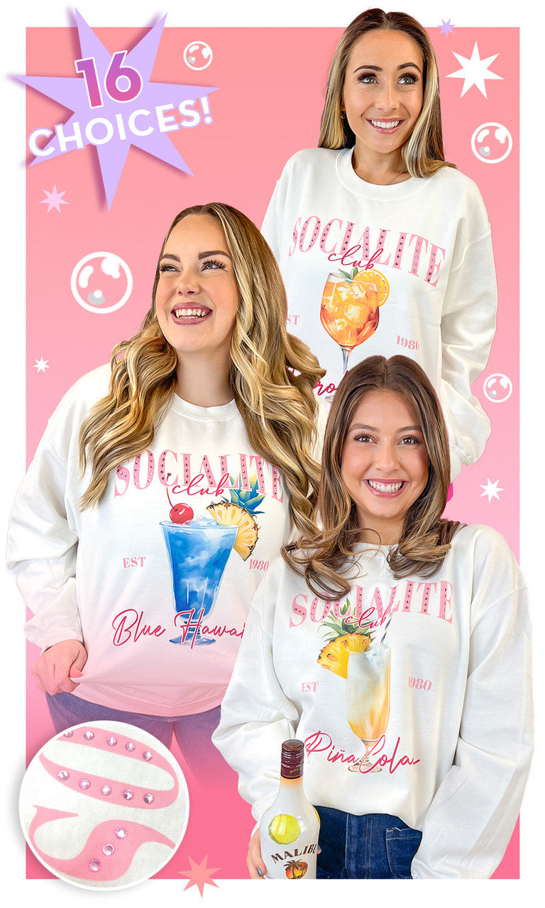 Socialite Drink Club Rhinestone Graphic Sweatshirt – Sugar Stitch Wholesale